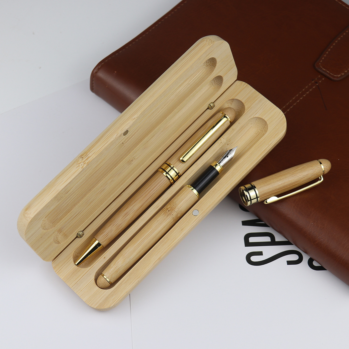 High-grade bamboo ballpoint pen handy business gift fountain pen set black gel pen rotary ...