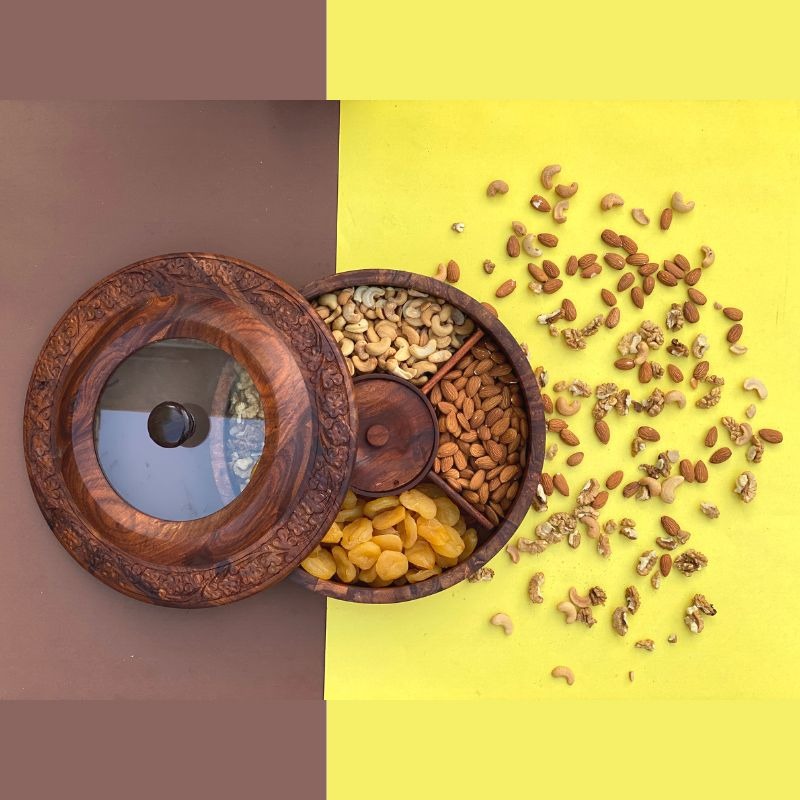 HandCarved Wooden Dry Fruit & Masala Box with Glass Lid | Decorative ...