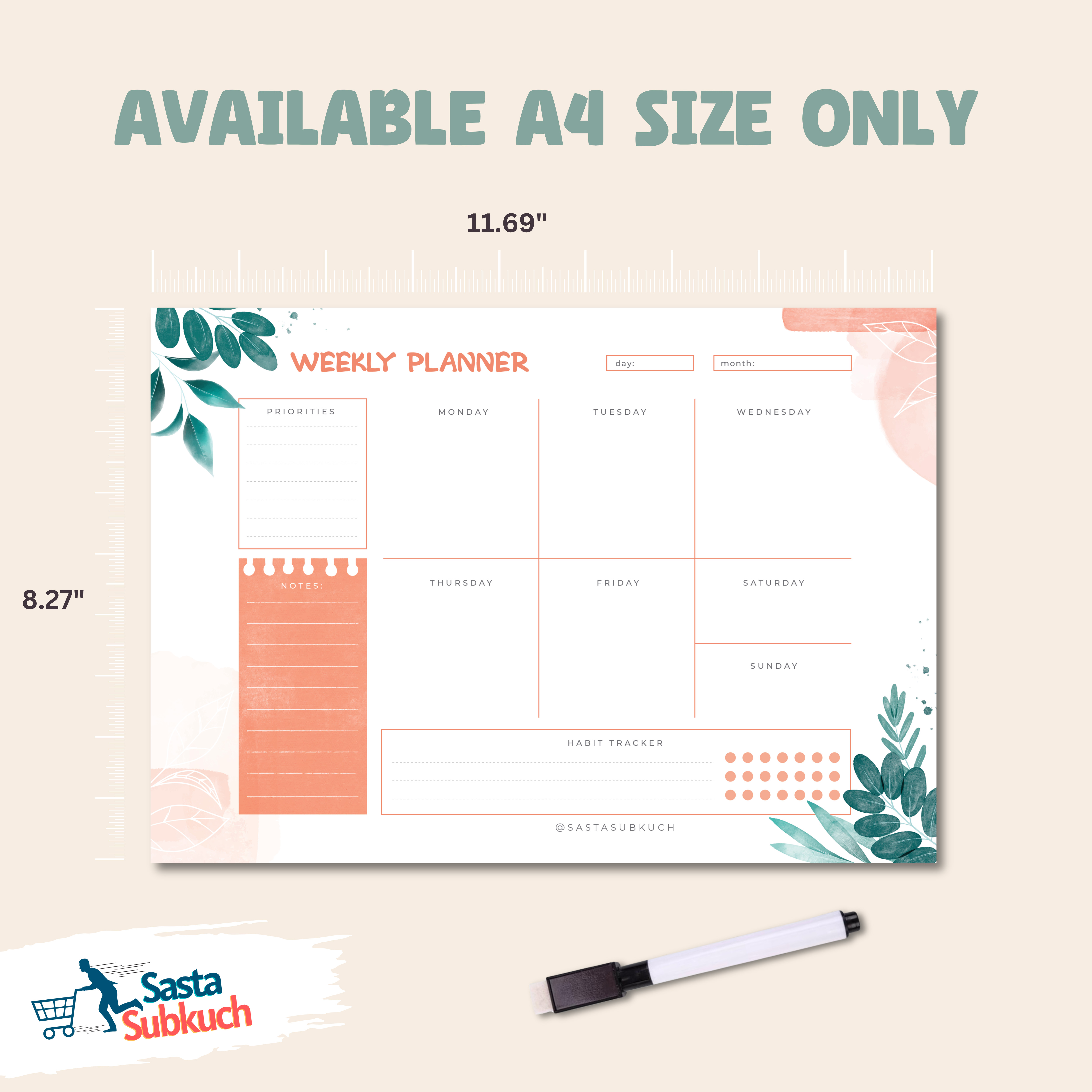 Weekly Planner A4 Size Laminate with board marker Organize Your Weekly ...