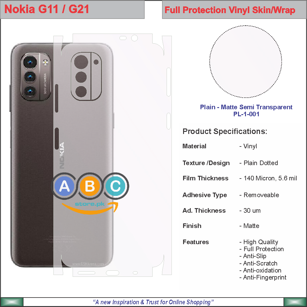 Nokia G11 / G21 , Full Back Protection Sheet with Four Sides Vinyl Skin ...