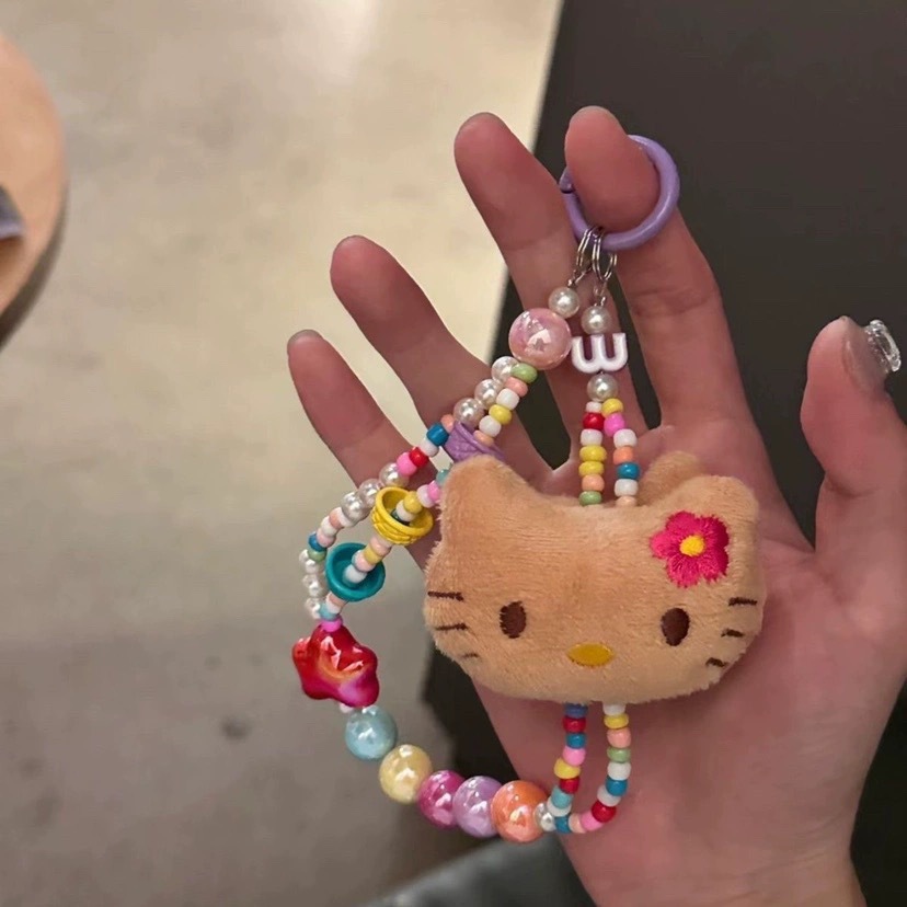 Plush girly heart bow cat colorful beaded mobile phone chain mobile ...
