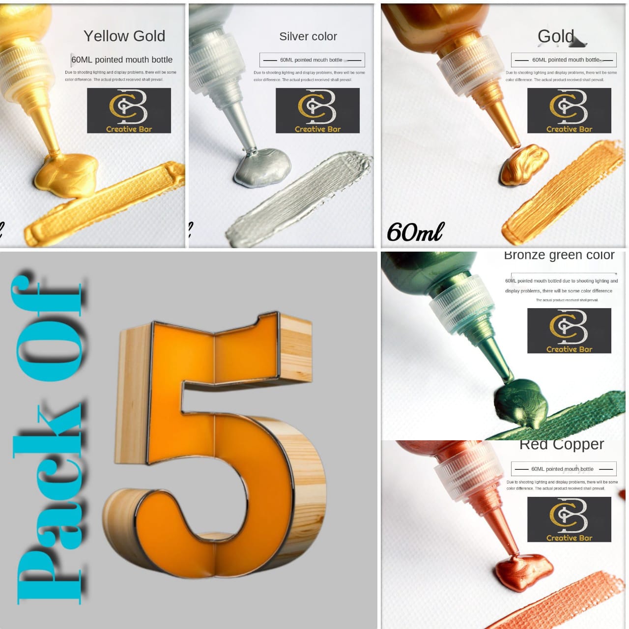 Pack Of 5 Metallic Acrylic Paint - Permanent Waterproof Paint- Golden ...
