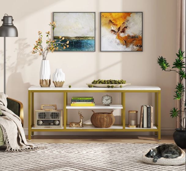 TV Stand, 60'' Inches Gold 3-Tier TV Console for TVs with Faux Marble Veneer, Sofa Console ...
