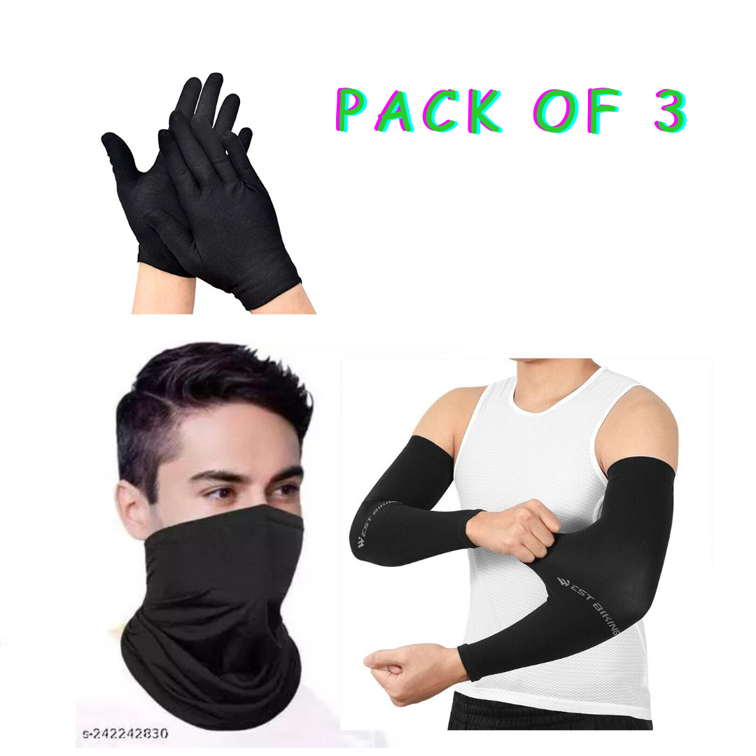 Pack of Cotton Gloves Black and Arm sleeves With Neck Mask Gaiter For ...