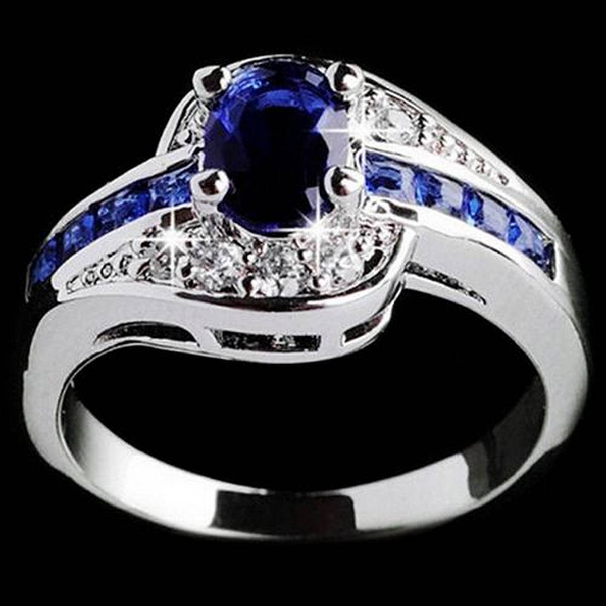 Elegant Lady Royal Blue Rhinestone Finger Wedding Engagement Ring Xmas ...