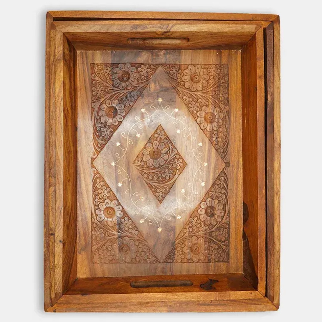 Pakistani Handcrafted Wooden Serving Tray with Elegant carving ...