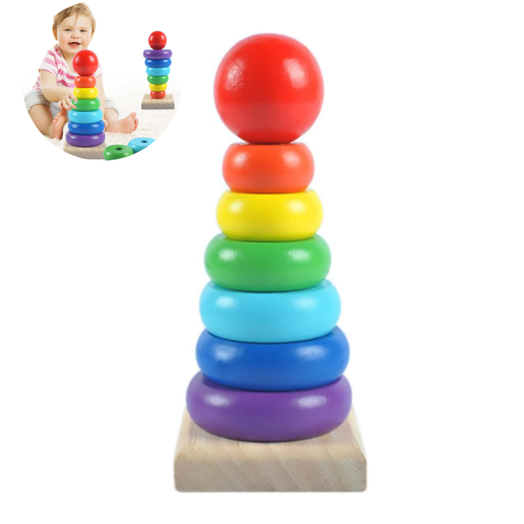 Educational Rainbow Wooden Stacking Ring Tower Game For Montessori Kids ...