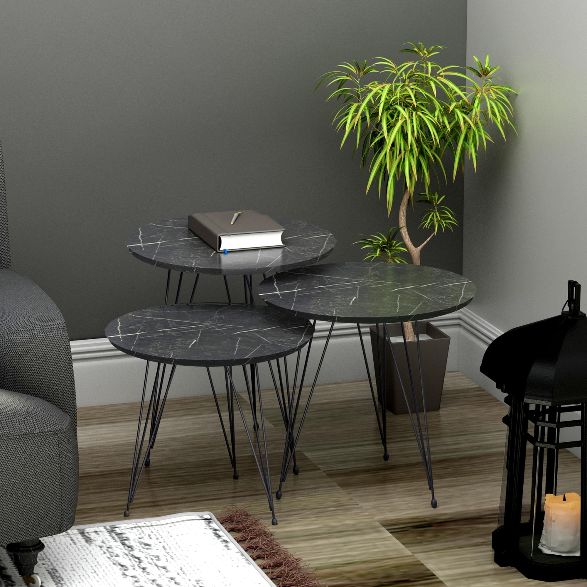 Set of 3 Black Marble End Tables Round Wood Sofa Side Coffee Tables for ...