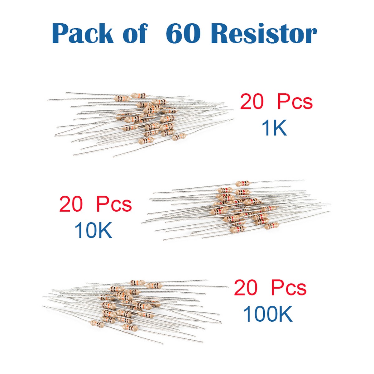 Pack of 60 Resistor - 1K,10k,100k Ohm 1/4W Carbon Film Resistor for Circuit Design and Reparing ...