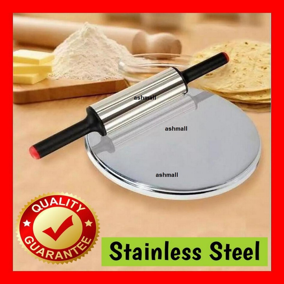 Rolling Pin and Dish Stainless Steel Roti Paratha maker Belan & Chakla ...