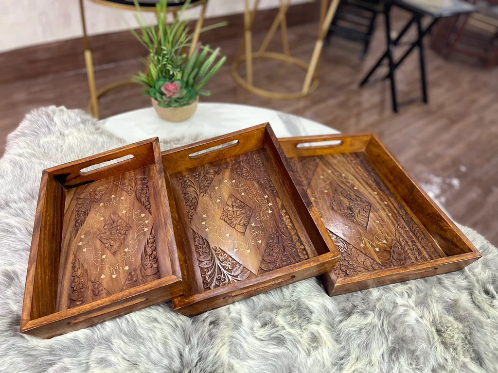 Pakistani Handcrafted Wooden Serving Tray with Elegant carving ...