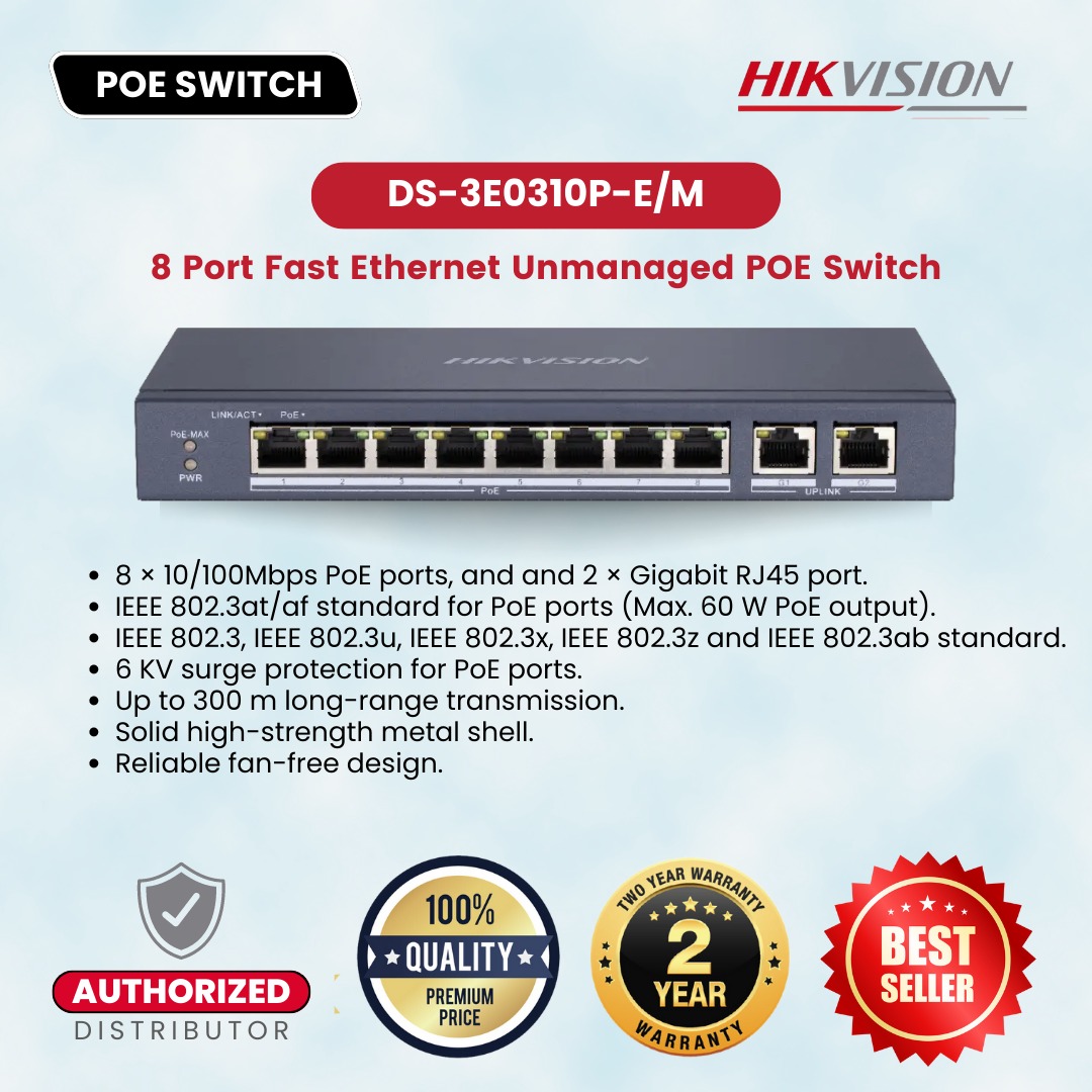 HIKVISION DS-3E0310P-E/M 8 Port Fast Ethernet Unmanaged POE Switch Transmission Network Switches ...