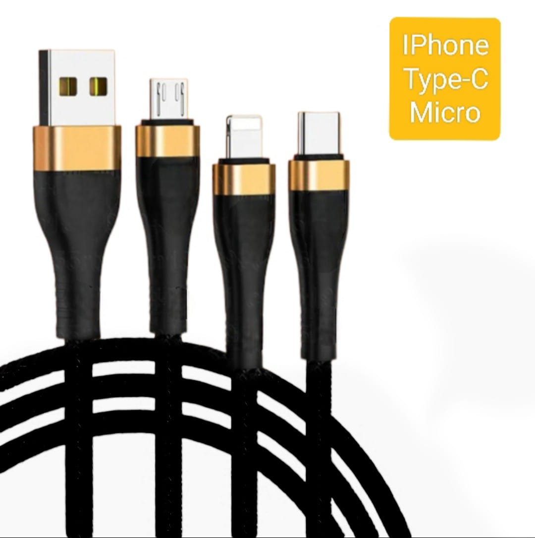 65 Watt Pure Copper 3 in 1 Fast Charging Data Cable (Iphone, Type C and ...
