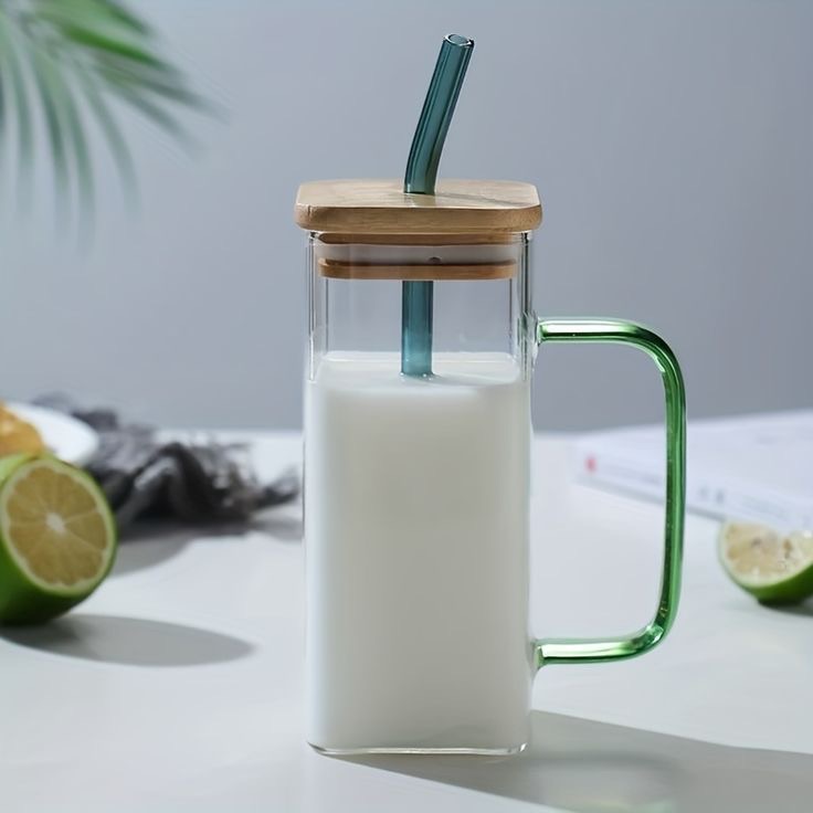 Set Of 2 Pieces 400ml Square Glass Mug with Lids and Glass Straws ...