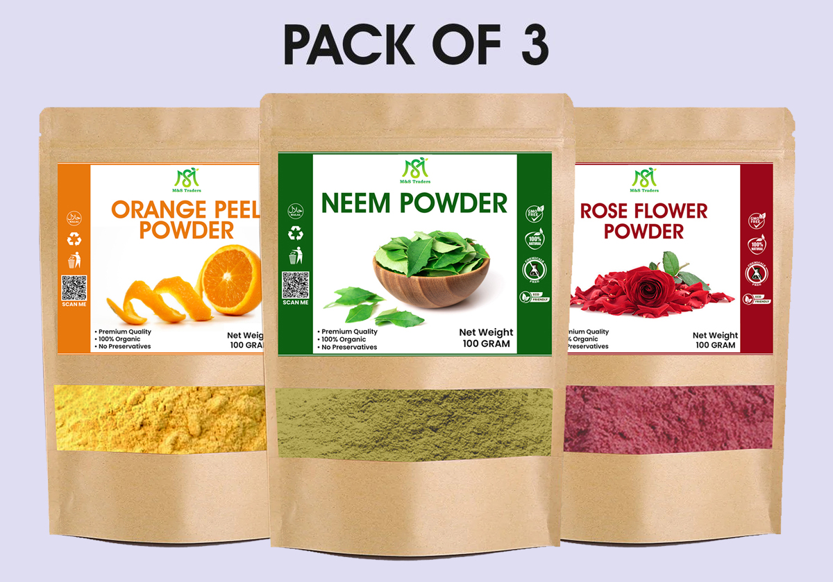 Pack of 3 - Neem Leaves + Rose Flower + Orange Peel Powder | Daraz.pk