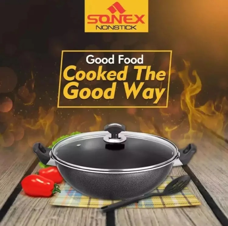 SONEX Non Stick Karahi Cooking Wok with Glass Lid 30cm 32cm 36cm 40cm ...