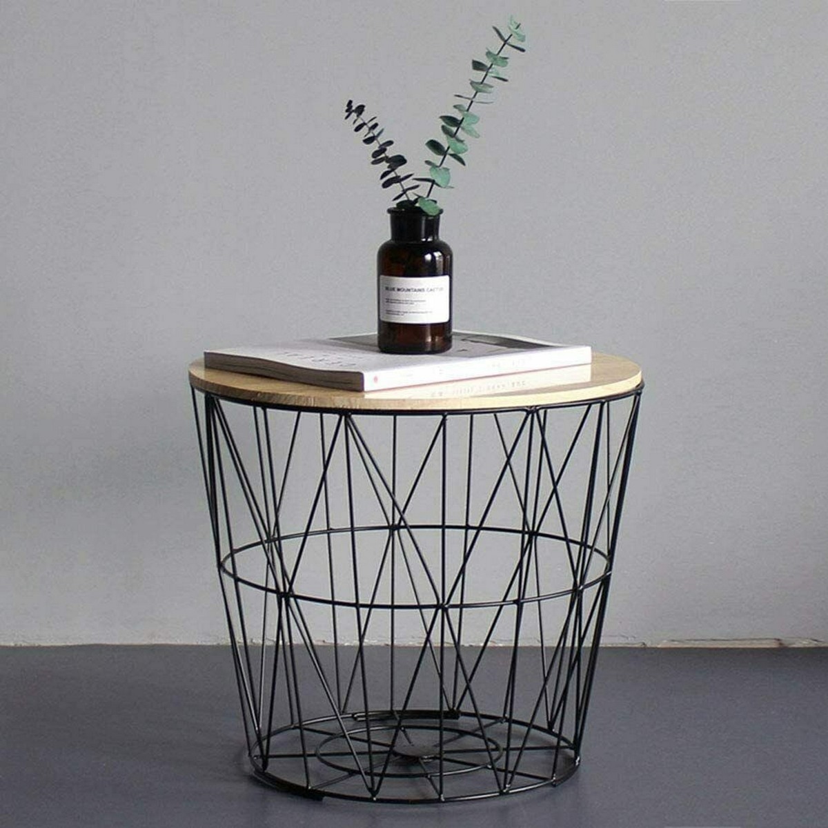 METALLO METAL WIRE REMOVABLE WOOD TOP FOLDABLE ROUND COFFEE SIDE TABLE ...