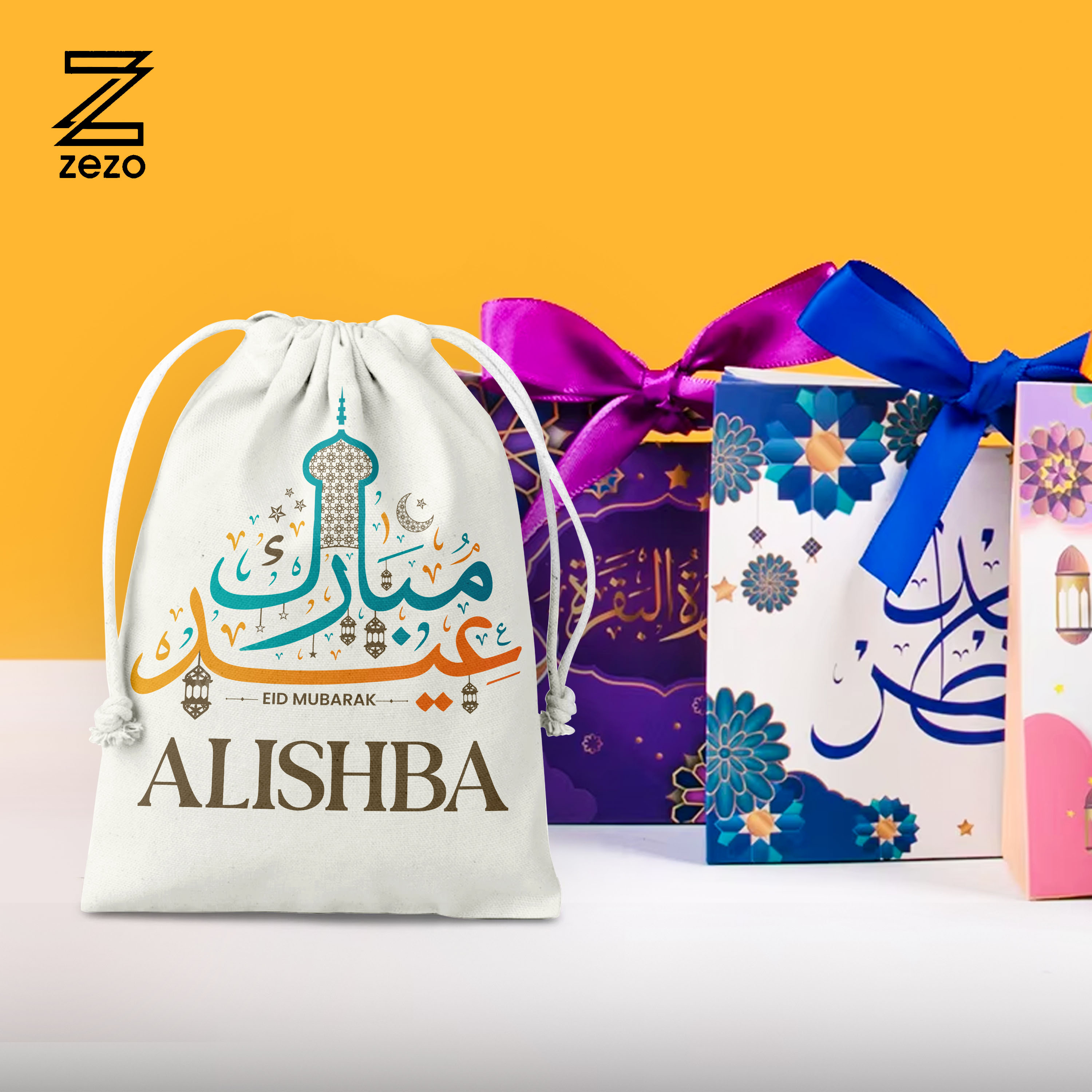 Zezo Personalized Eid Gift Pouch | Custom Name Mini Drawstring Bag ...