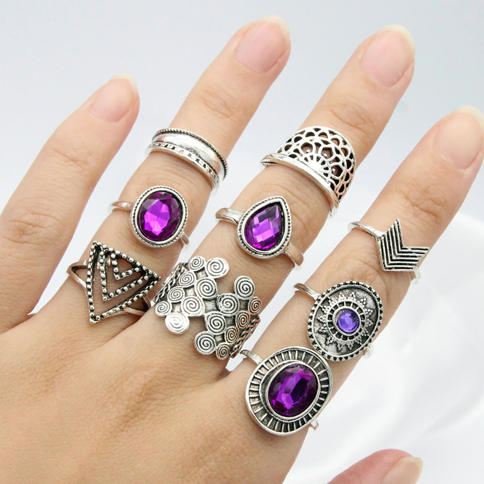 1 Set Rings Bohemian Women Heart Rhinestone Stackable Finger Ring ...