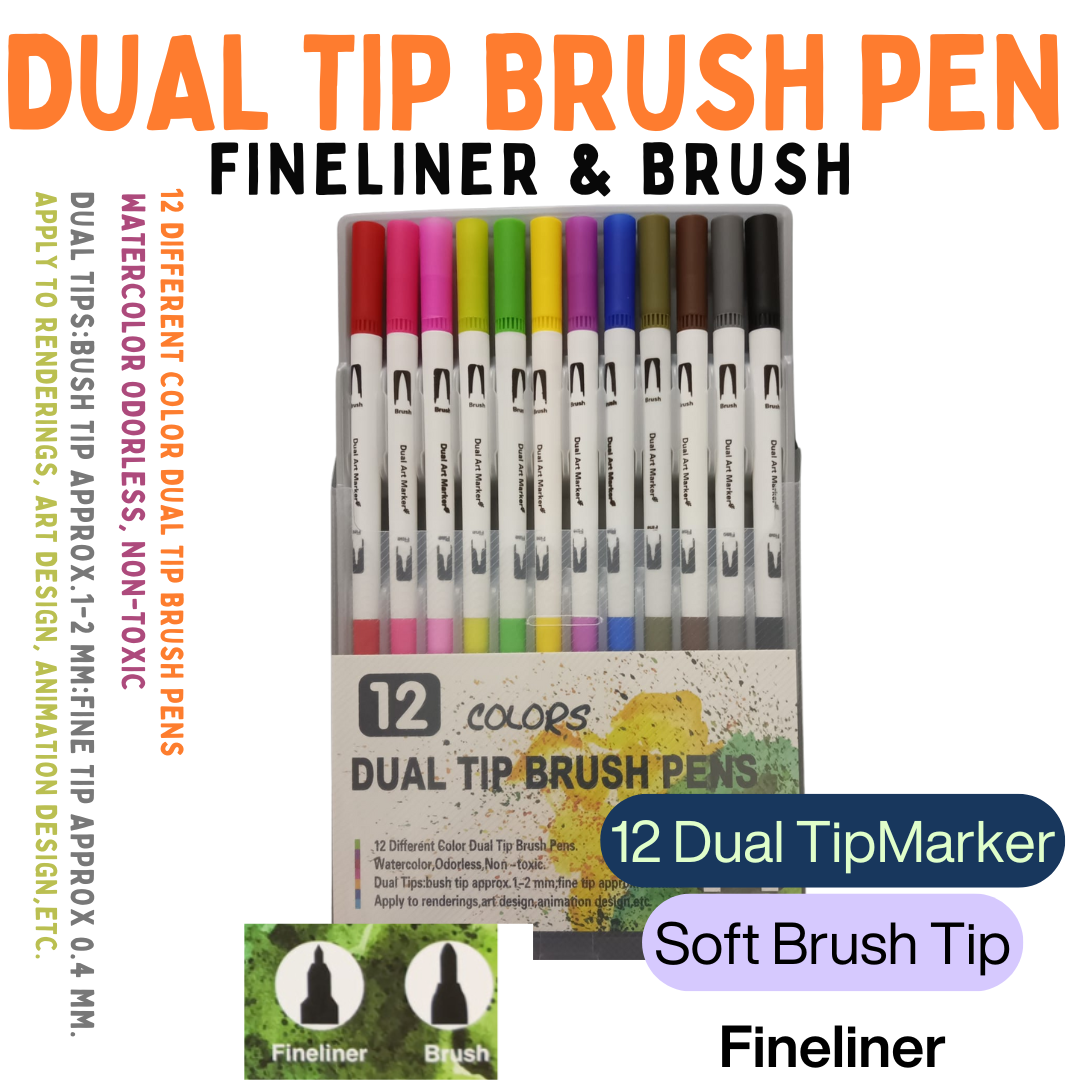 12 Colors Dual Tip Brush Pens Markers Fineliner Watercolor Pen Art ...