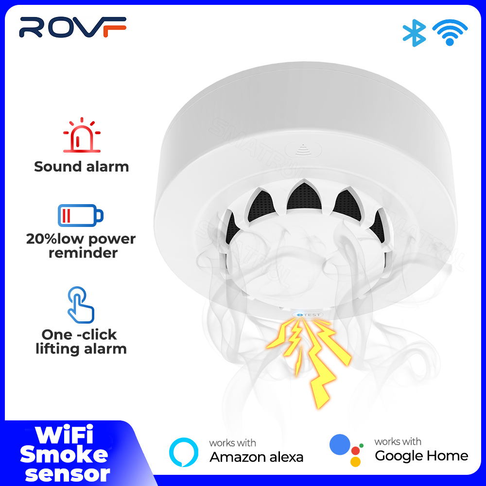 ROVF Tuya WiFi Smart Smoke Alarm Detector Fire 90 dB Fire Alarm Home ...
