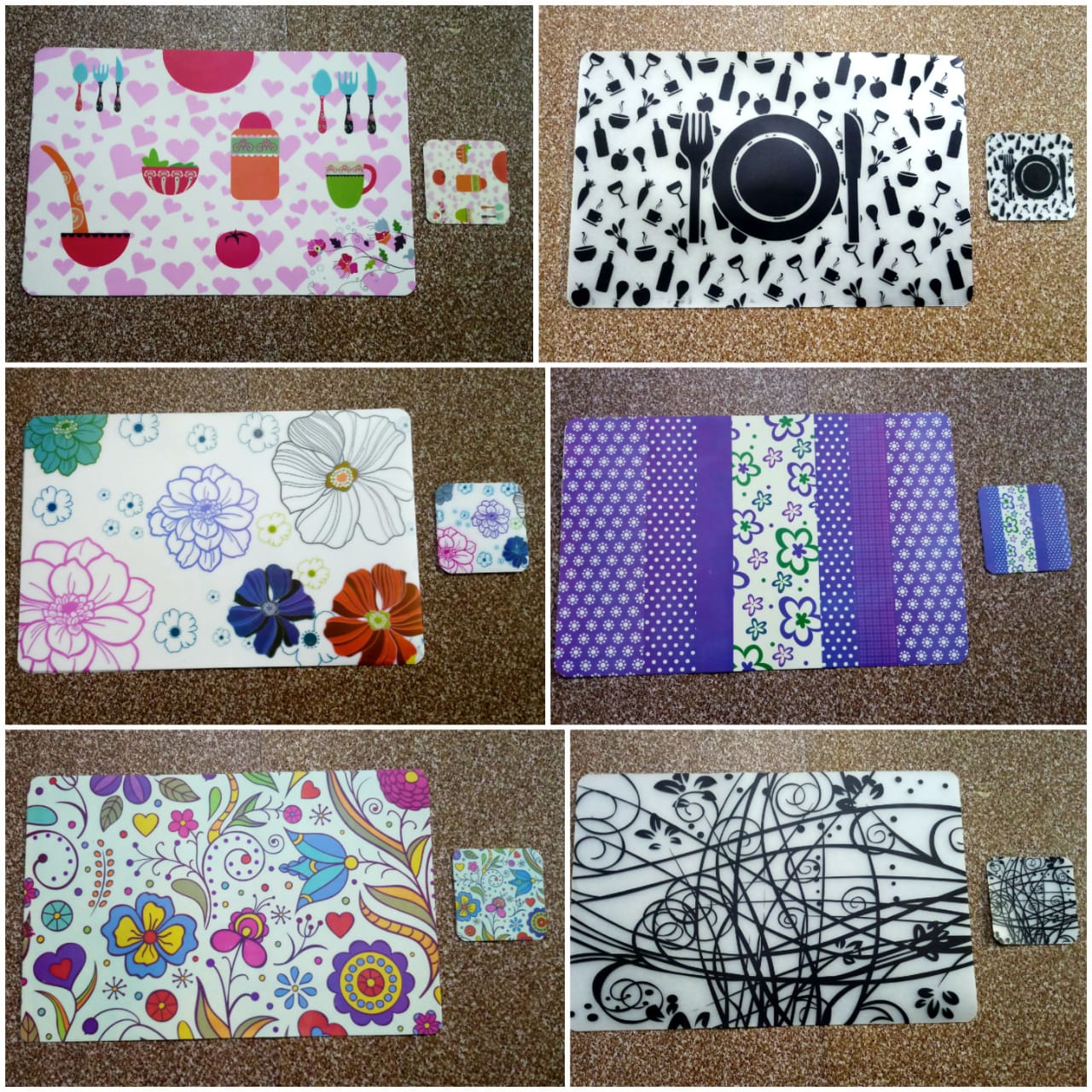 Floral Print and Fragrant PVC Plastic Place Mats with Tea Coasters-Set ...