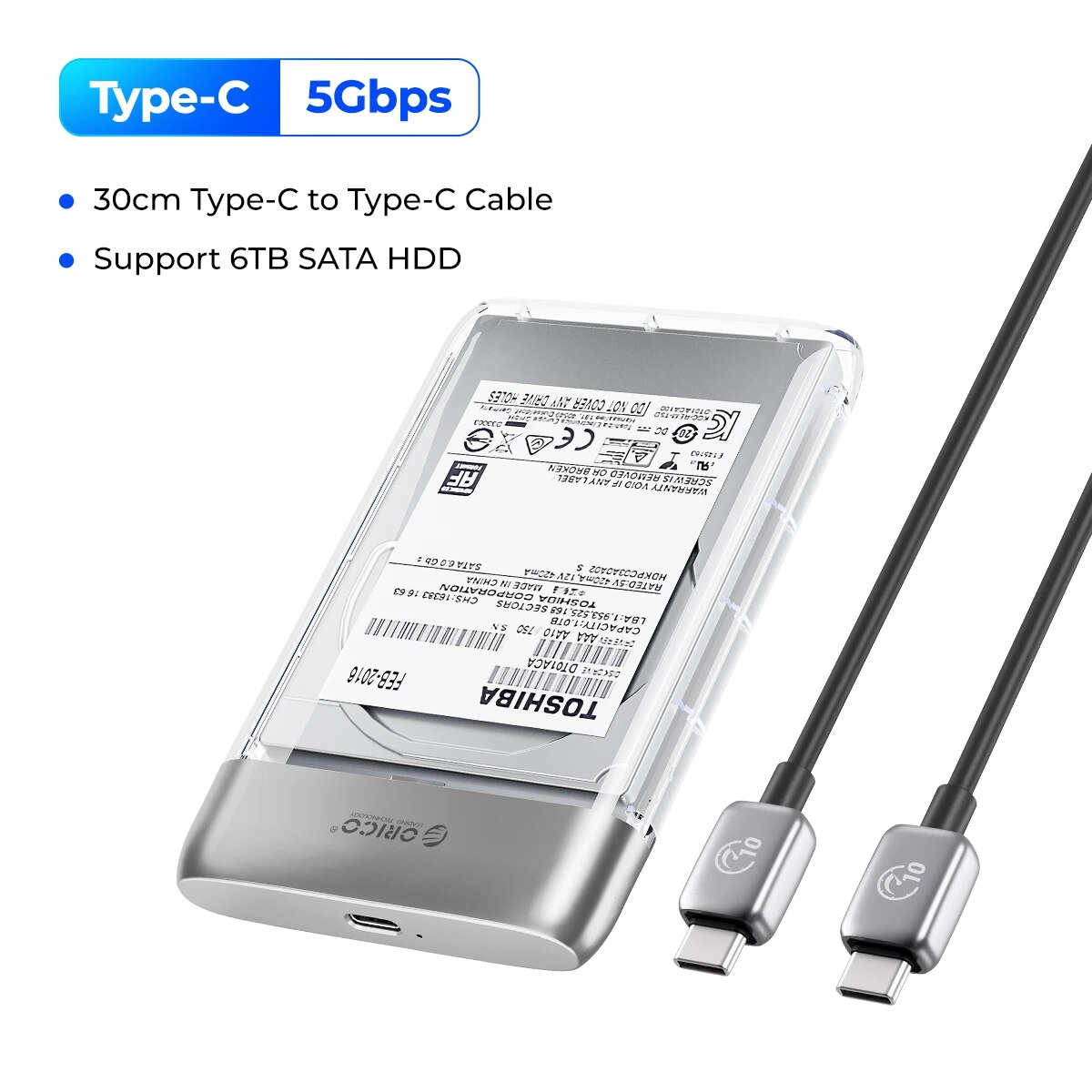 ORICO 2.5 inch Transparent Type-C Hard Drive Enclosure USB3.0 5Gbps ...
