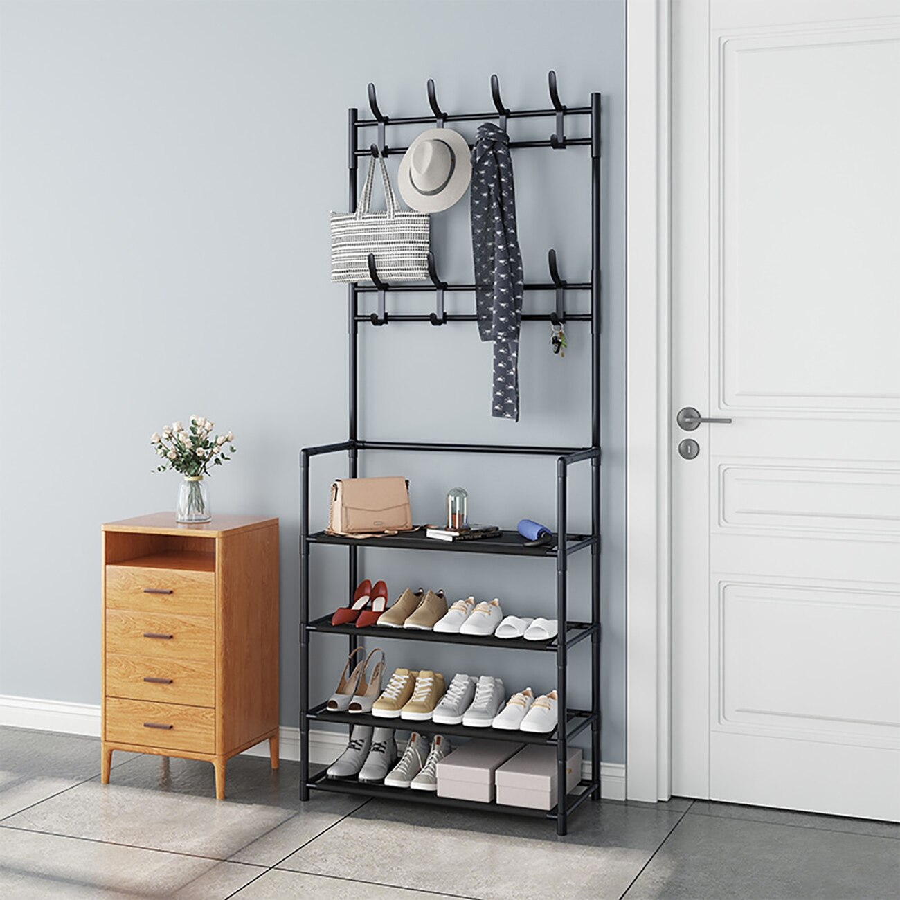 Multi-Function 4 Tiers Shoes Rack With Hanger, Living Room Clothes ...