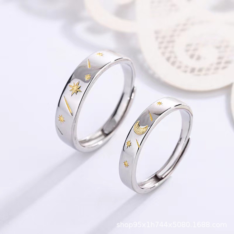 S925 sterling silver sun, moon and stars couple ring simple creative pair ring opening ...