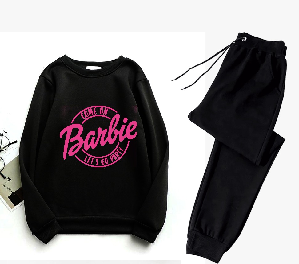 Trendy Tracksuit Barbie Print Thick & Fleece Fabric Full Sleeves Rib ...