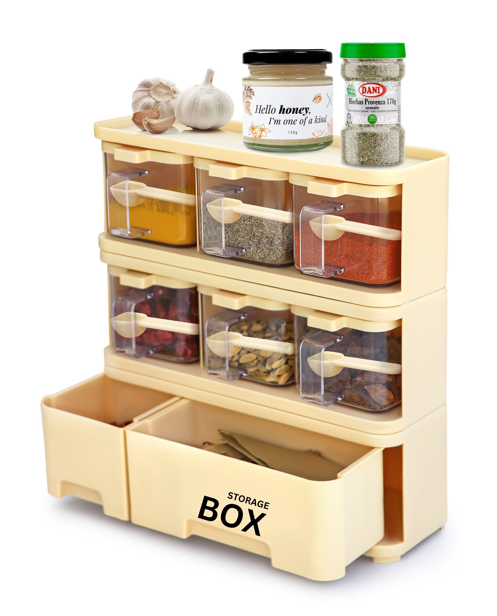 PrettyNeat Storage Box Condiments & Spice Rack With 6 Spice Jars And ...