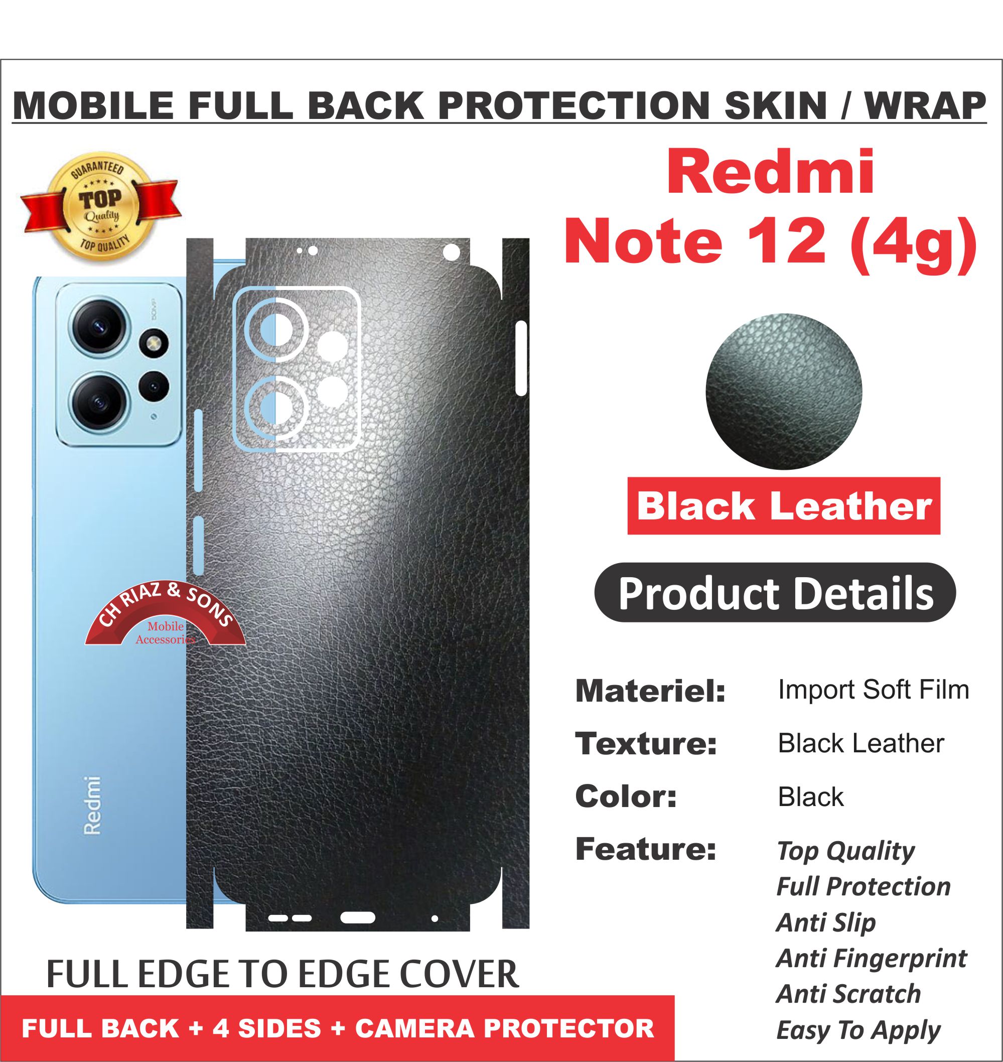 XIAOMI REDMI NOTE 12 4G FULL BACK 360 premium Protection Skin Wrap full ...
