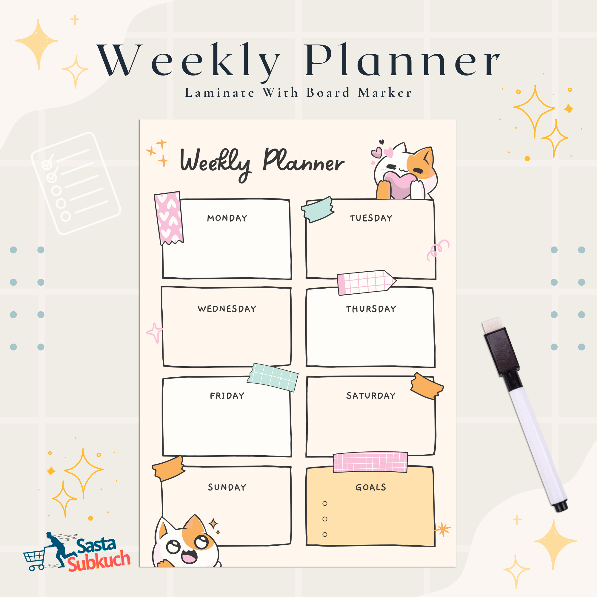 Weekly Planner A4 Size Laminate with board marker Organize Your Weekly ...