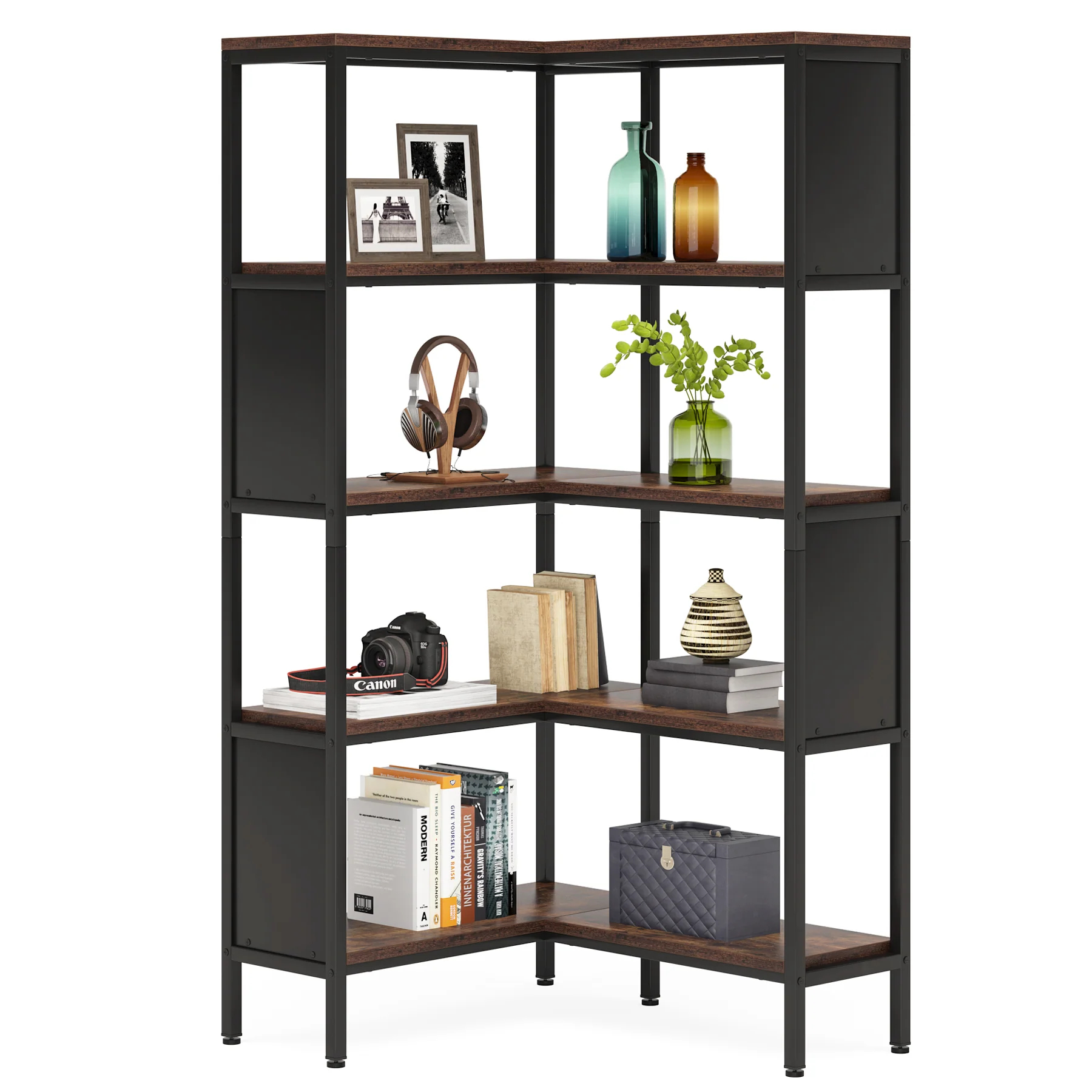 5-Tier Corner Bookshelf, Industrial L-Shaped Bookcase with Safety ...