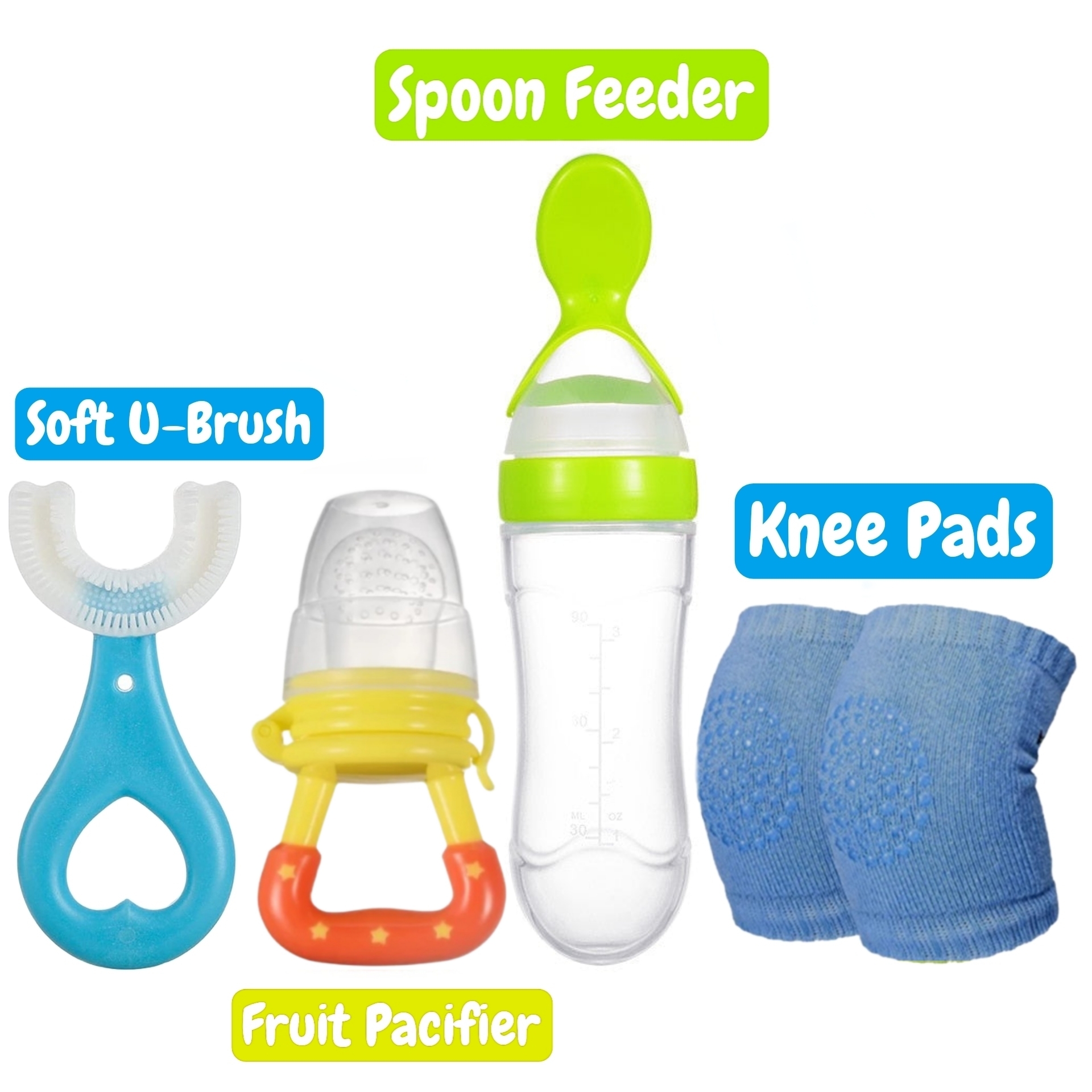 Pack of 4 | Baby Silicone Spoon Feeder + Fruit Pacifier + Knee Pads + U ...