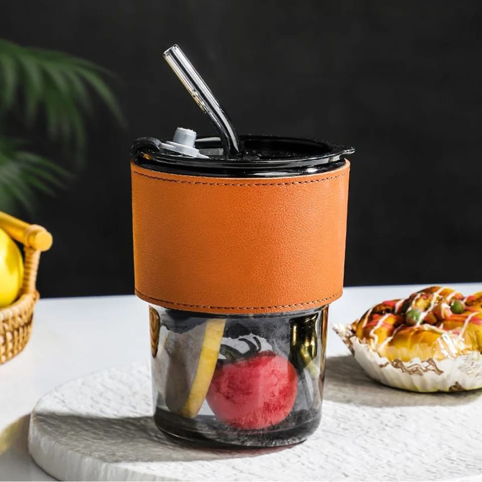 Glass Tumbler with Straw, Lid & Leather Sleeve, Masson Jars Slub Glass ...