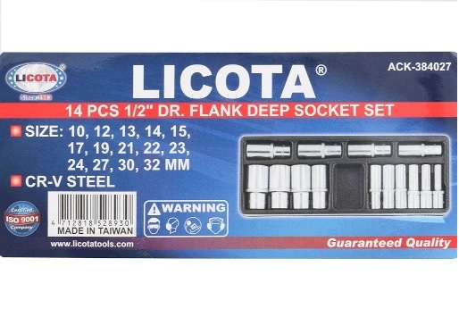 ZT - Licota Made in Taiwan 14 Pcs 1/2" Dr. Flank Deep Socket Set, CR-V ...