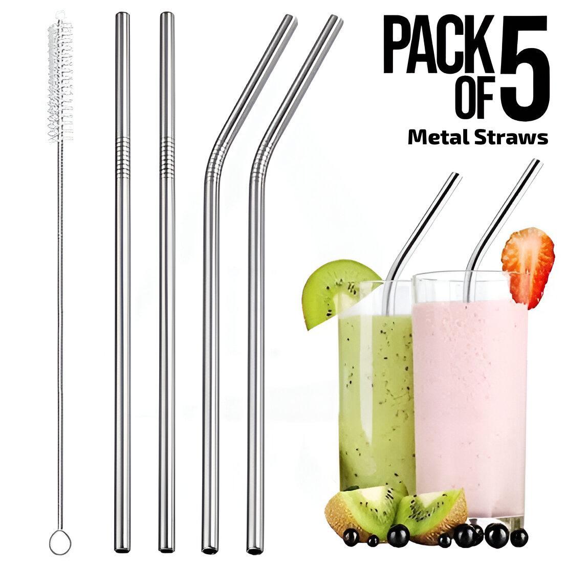 Pack of 5 - 4 Bent Stainless Steel Reusable Drinking Straws With ...