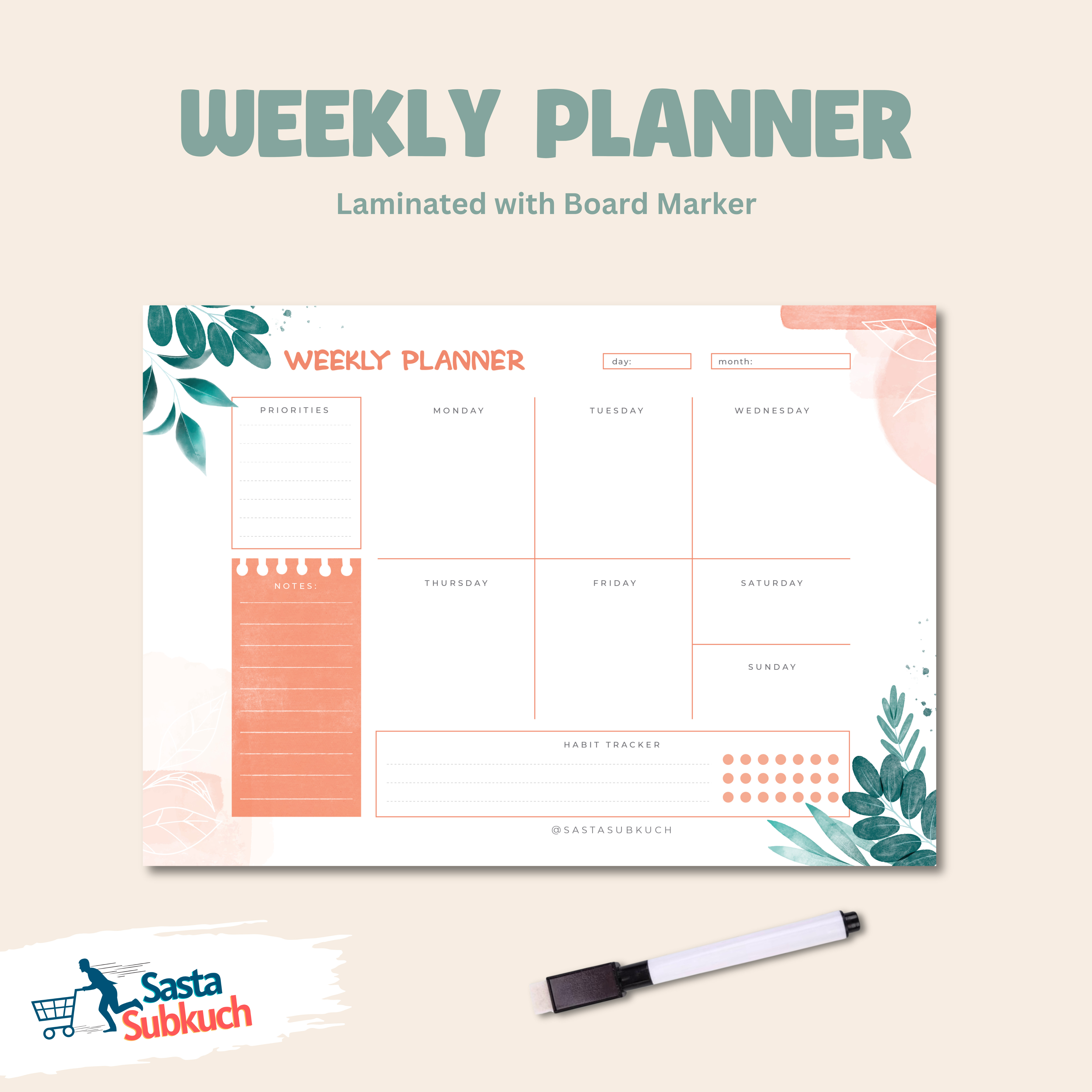 Weekly Planner A4 Size Laminate with board marker Organize Your Weekly ...