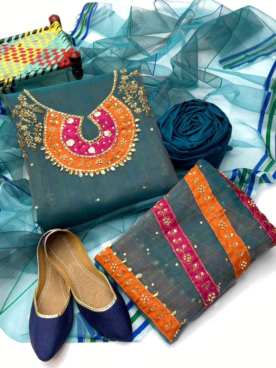 *New Collection 03 Pcs DRESS Rangoli Organza Handmade Shirt with Applic ...