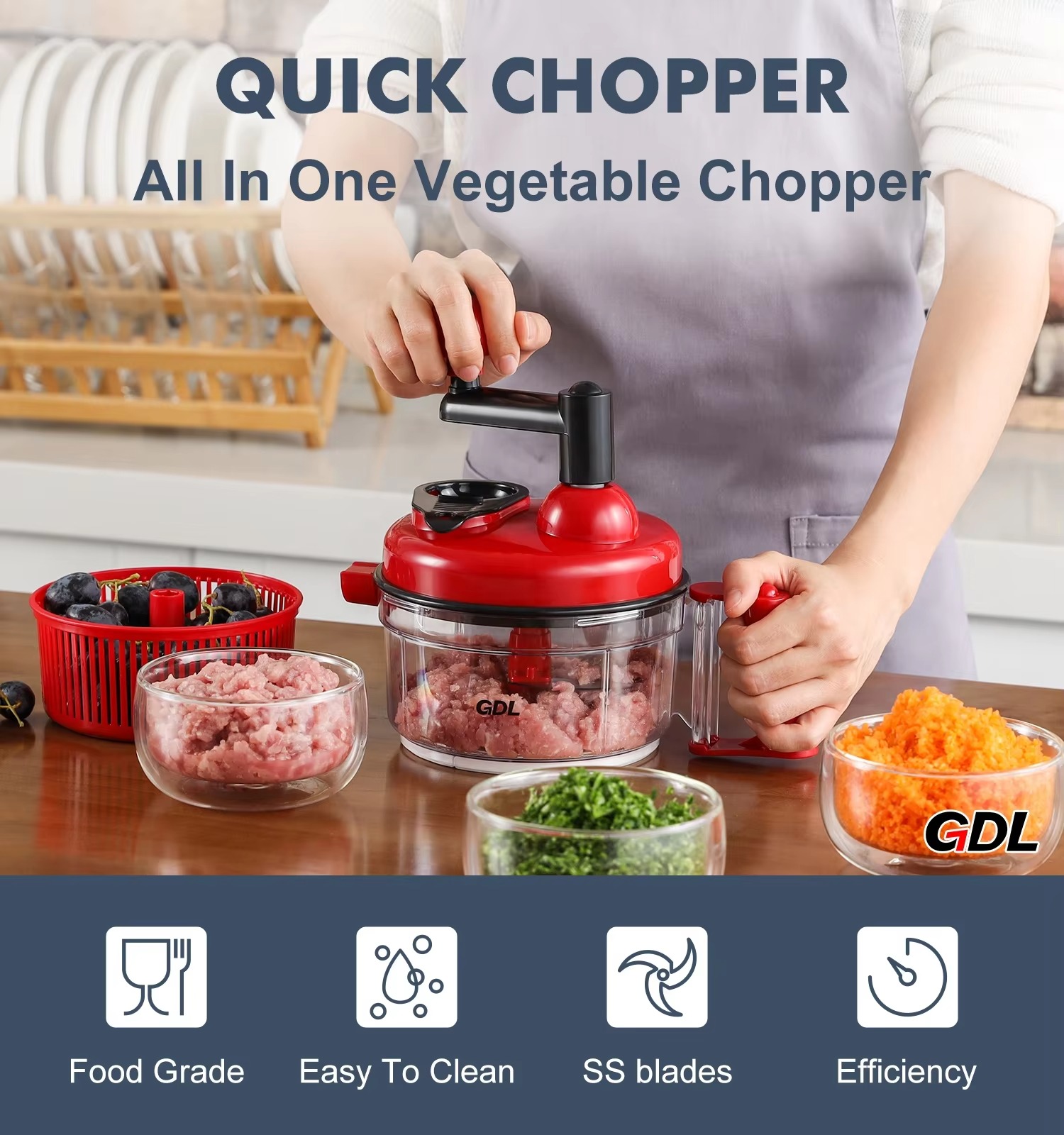 Multi-Purpose Manual Food Chopper with Stainless Steel Blades Kitchen ...