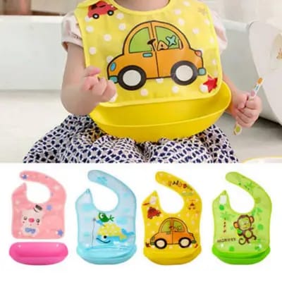 Silicone Baby Bibs With Soft Plastic Tray Bow Pocket Food Catcher ...