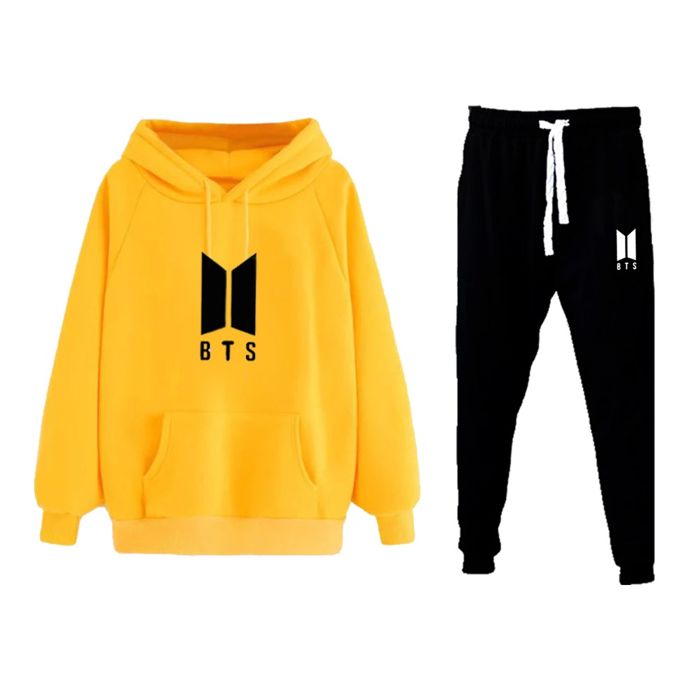 BTS Yellow Hoodie And Trouser Winter Tracksuit Warm Fleece Drawstring ...