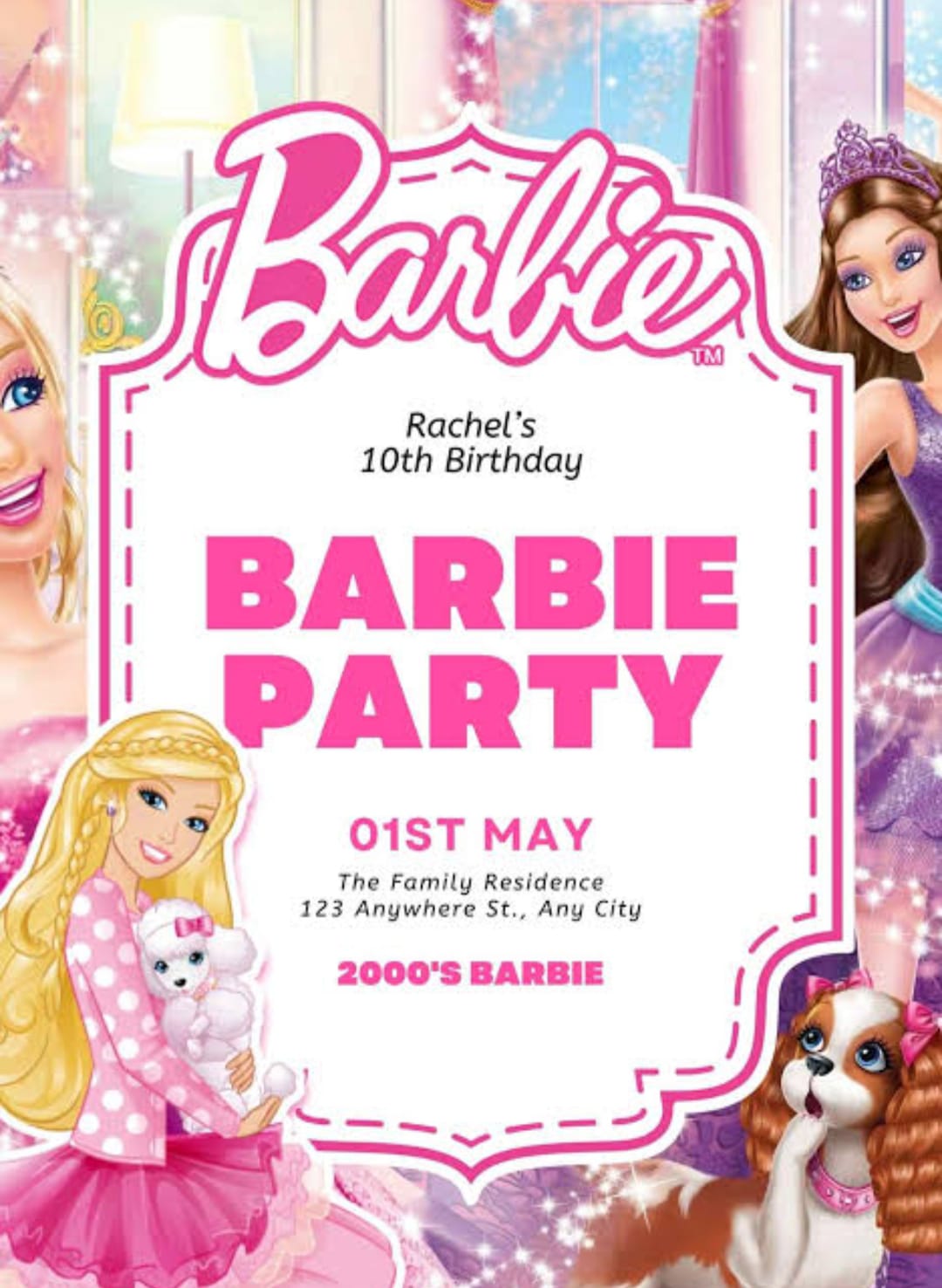 Pack of 6 Barbie Birthday Invitation, Editable Barbie Birthday Party ...