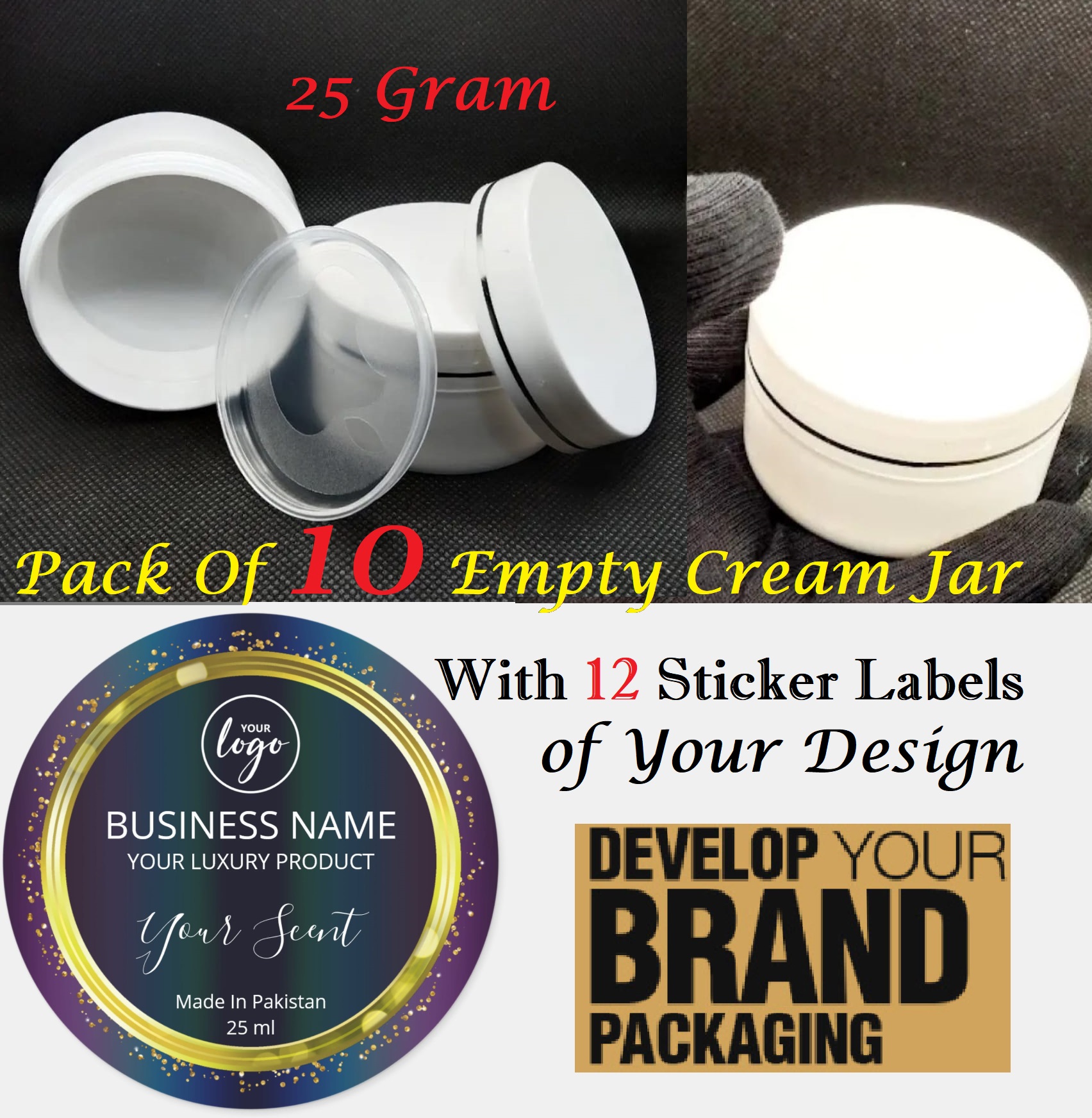 Pack Of 10 Cosmetic Cream Jar Empty Container With 12 Sticker Label Of ...