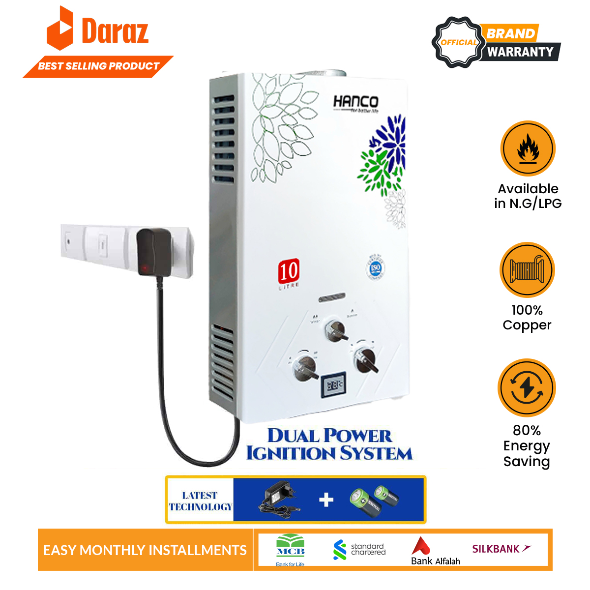 Hanco - 10 Liters - Instant Water Heater - LPG & NG Geyser - Dual Ignition 1 Year Brand Warranty ...