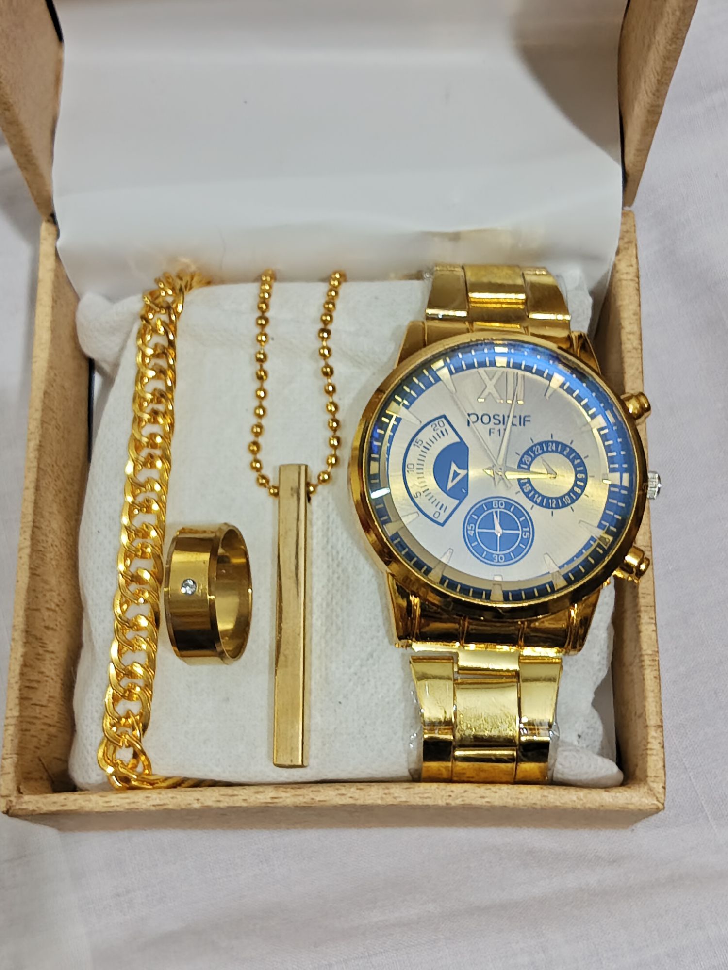 Pack of 4 Golden Watch, Chain Bracelet, Ring, Bar Locket Set for Men ...