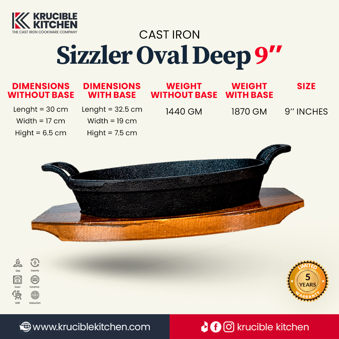 Sizzler 9" (22.7 CM) Oval Deep with Wooden Base, Cast Iron Naturally ...
