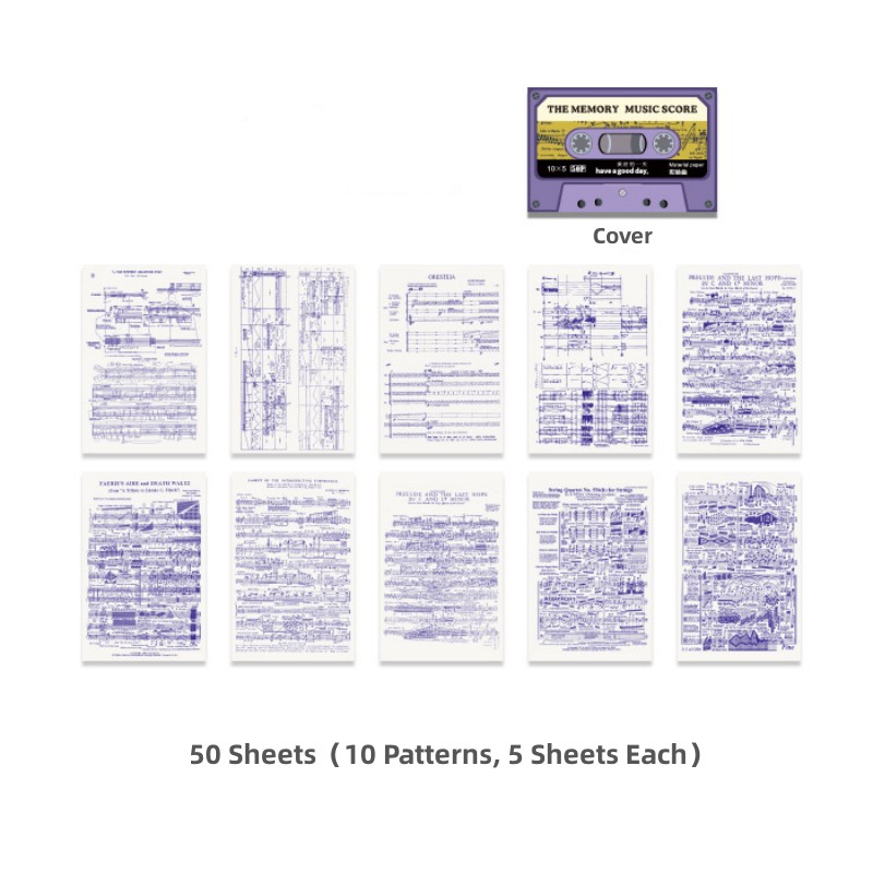 Panda Online 50PCS Memory Music Score Series Cassette Tape Material Paper DIY Album Journal ...