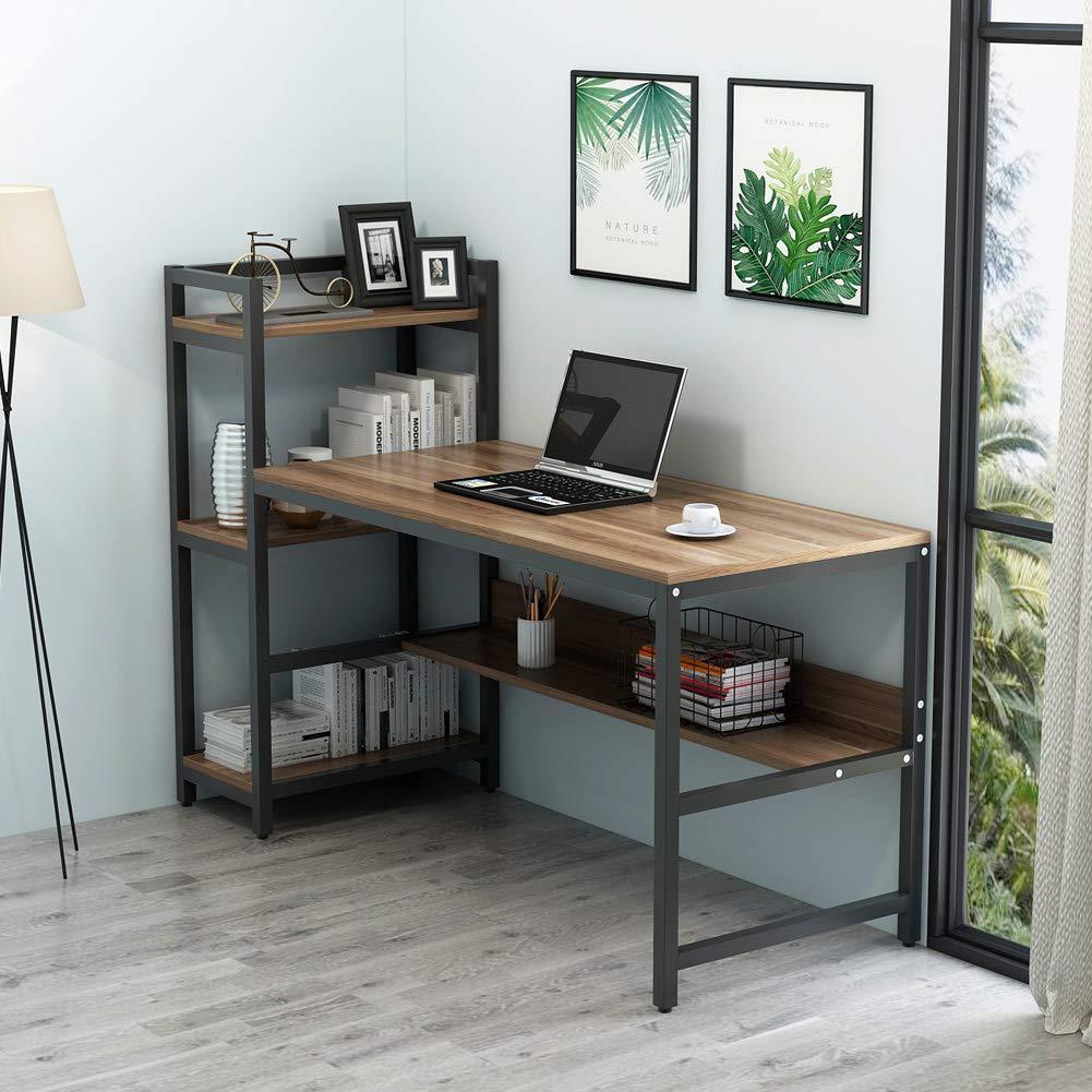 Dark Walnut 4-Tier Computer Table with Storage Shelves - Office Desk ...